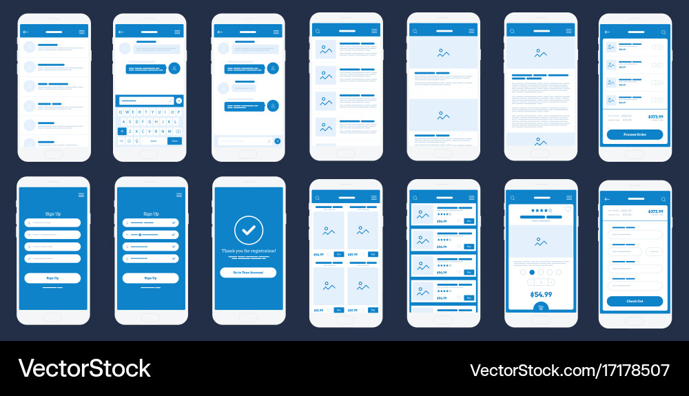 Mobile app wireframe ui kit detailed Royalty Free Vector