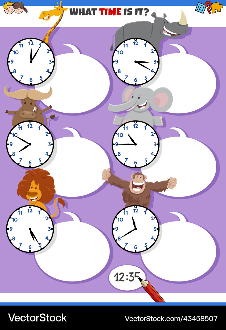 Telling time educational task with cartoon animals