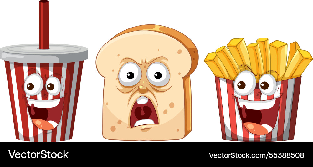 Cartoon food items with expressive faces Vector Image
