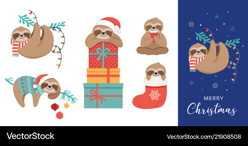 Cute sloths funny christmas Royalty Free Vector Image