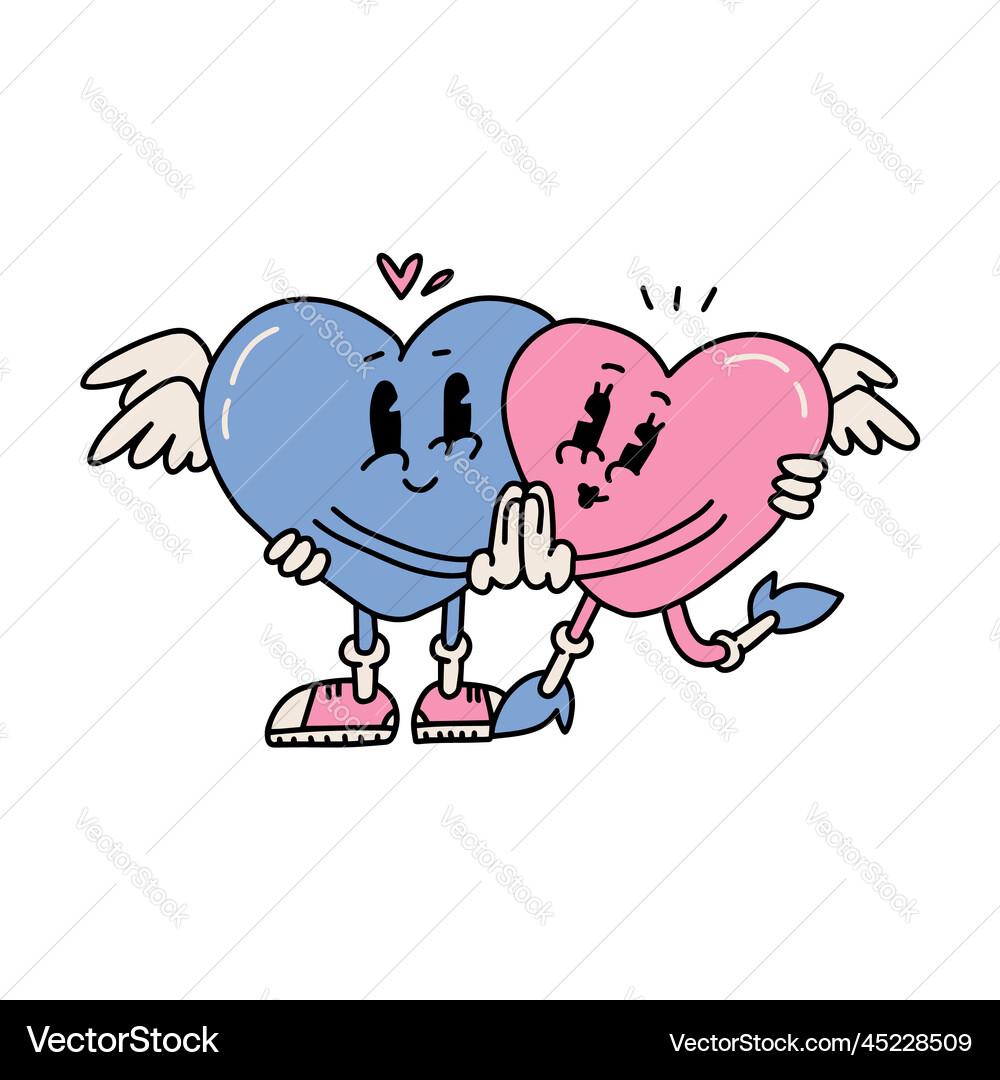 Retro cartoon heart characters couple hugging Vector Image