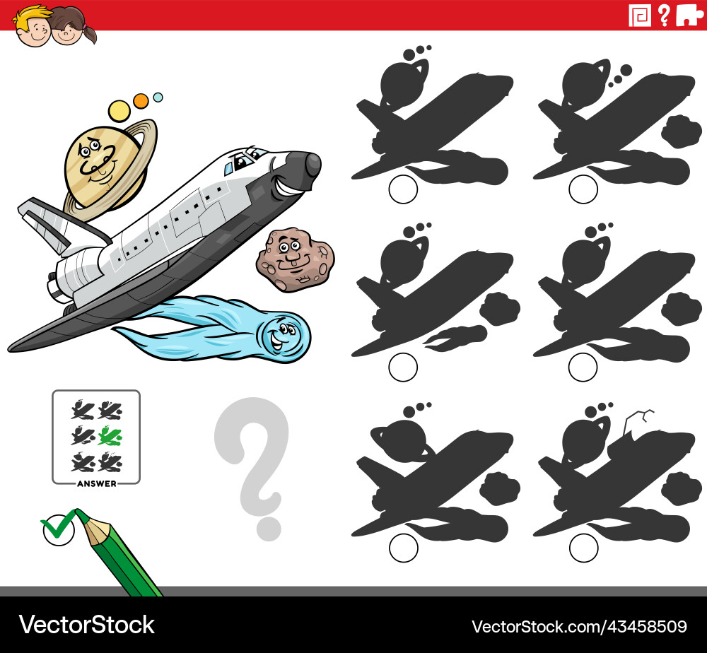 Shadows game with cartoon space shuttle Royalty Free Vector