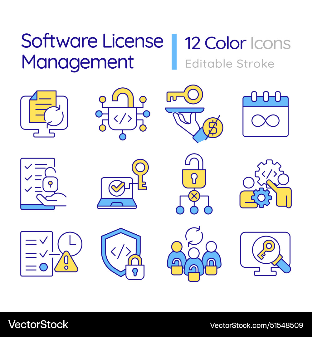 Software license management rgb color icons set Vector Image
