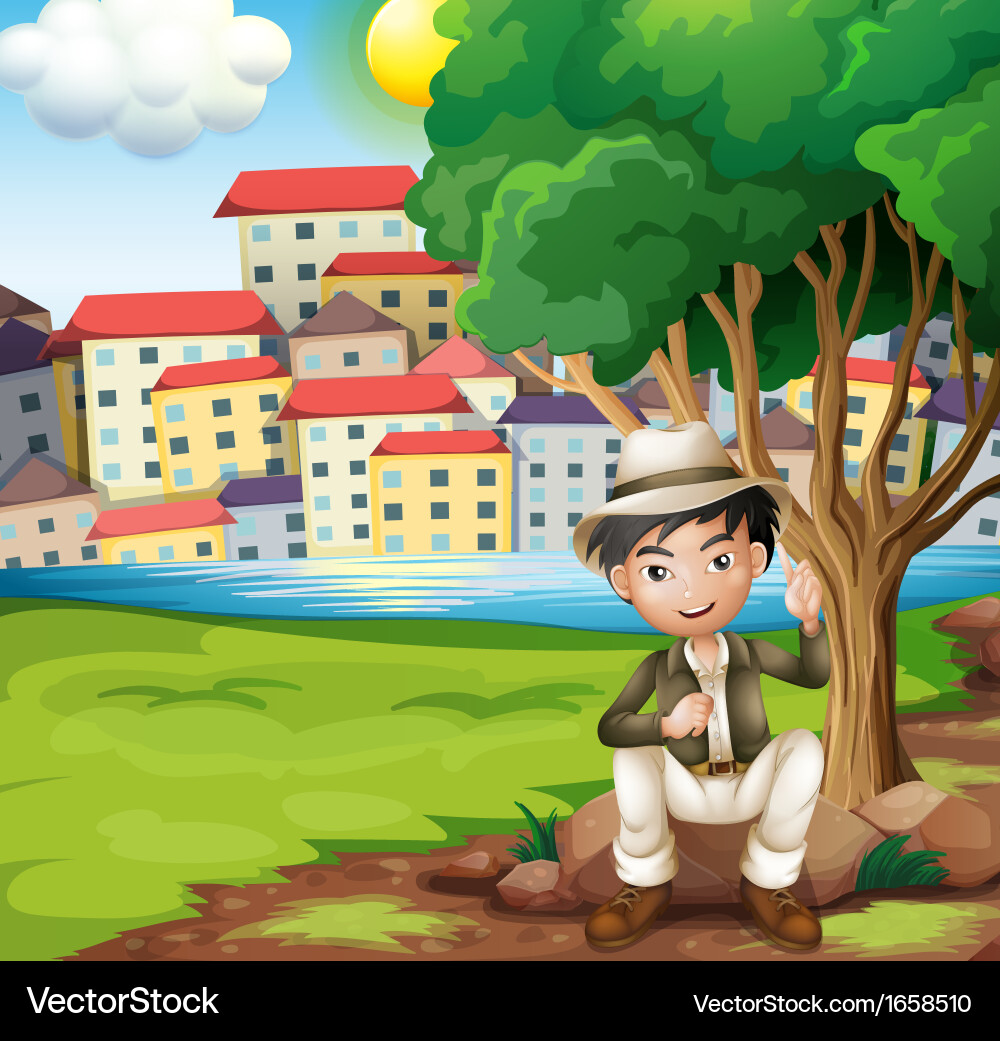 A man sitting above the rock under tree Royalty Free Vector