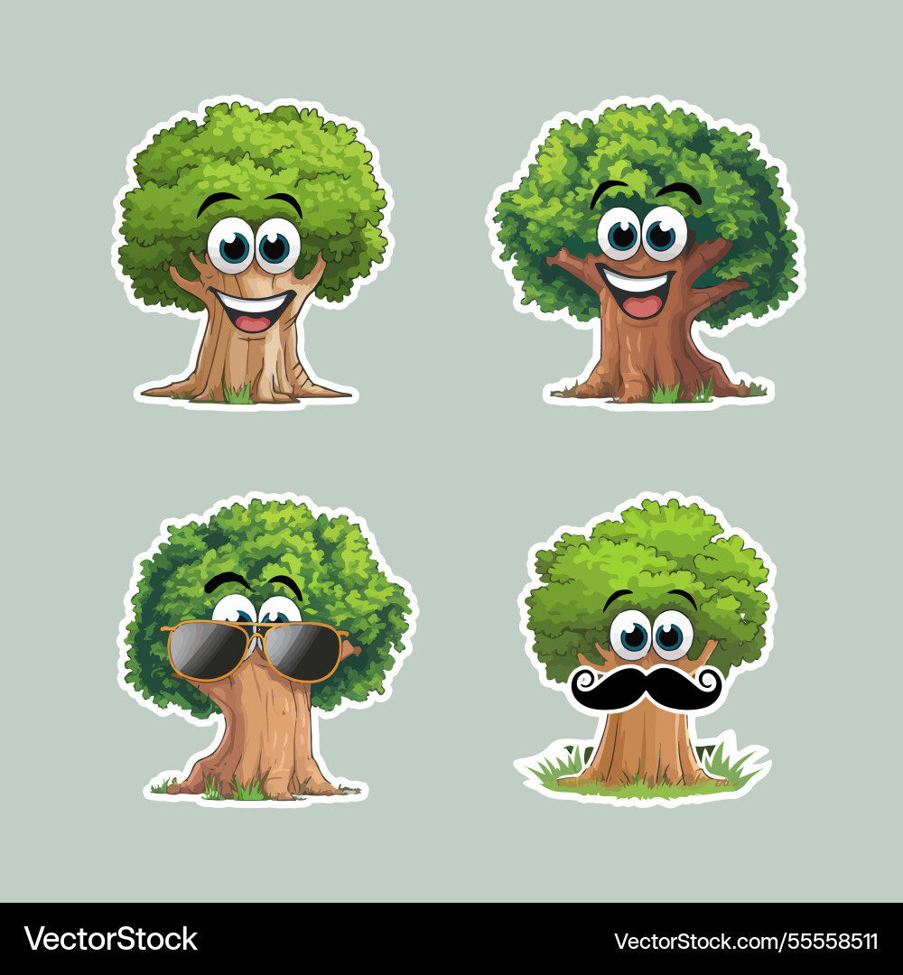 Funny cartoon tree stickers Royalty Free Vector Image