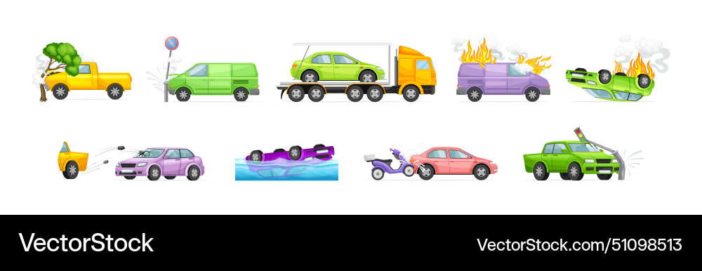Car crash and accident on the road set Royalty Free Vector