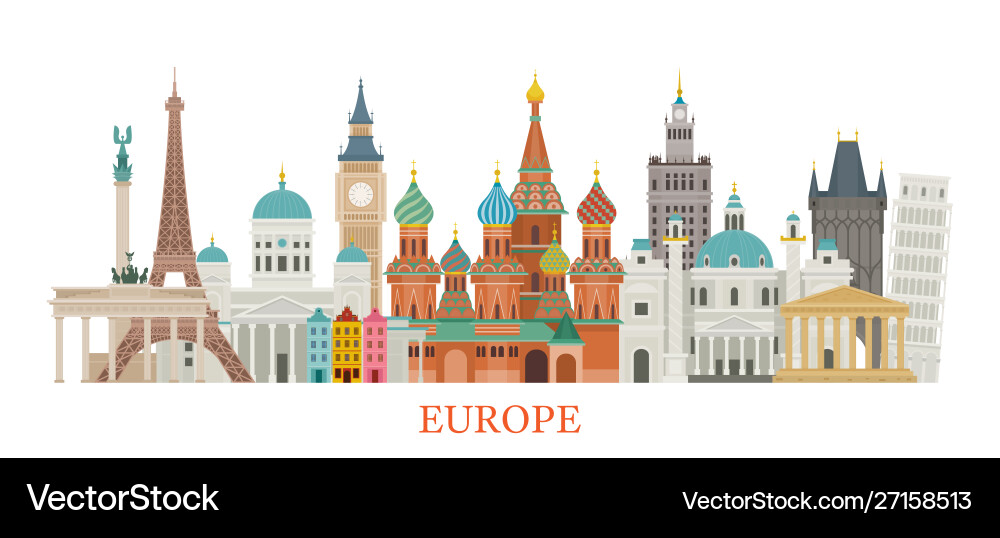 Europe skyline landmarks in flat style Royalty Free Vector