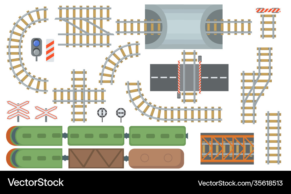 Railroad and railway tracks flat elements set Vector Image