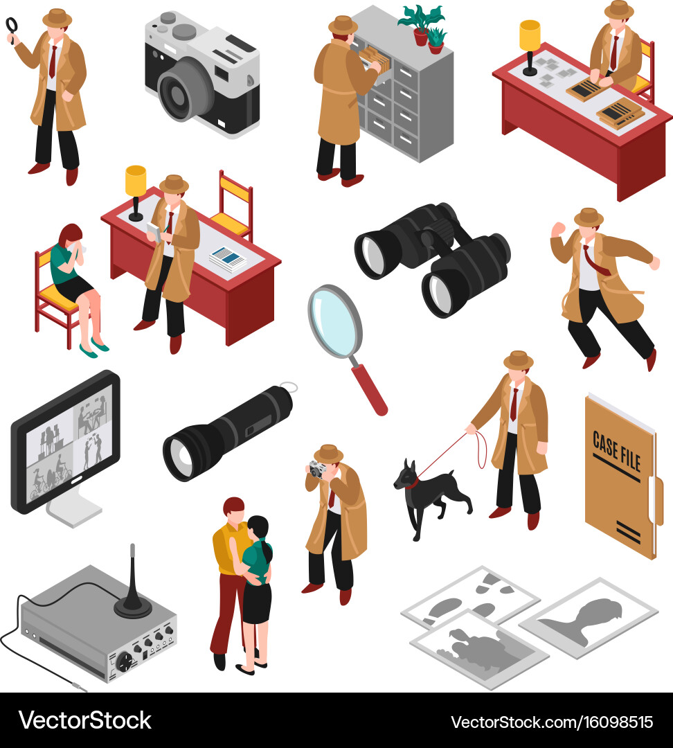 Detective isometric set Royalty Free Vector Image
