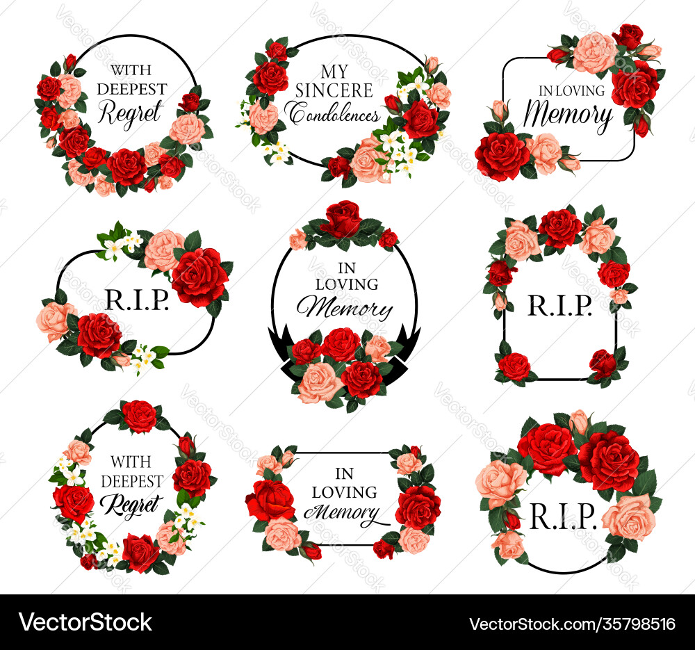 Funeral frames with roses flowers and condolences Vector Image