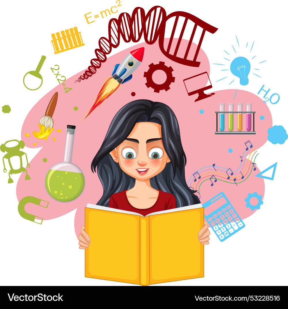 Girl reading book with science concepts around Vector Image