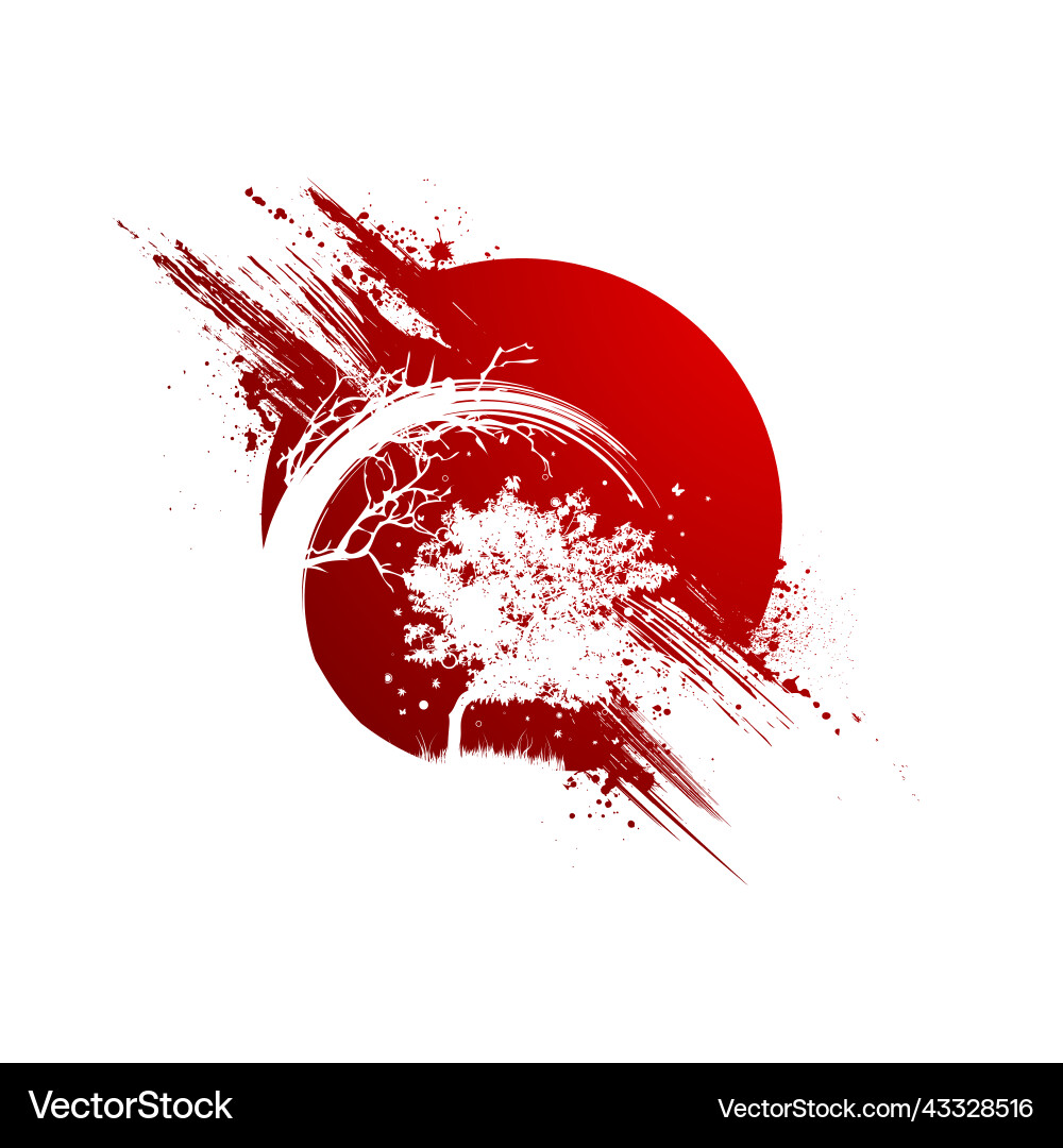 Grunge red japan sun with tree Royalty Free Vector Image