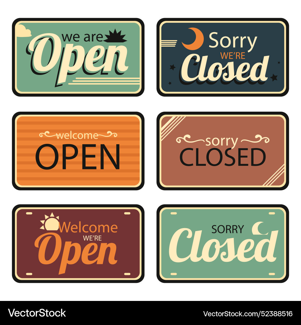 Vintage open and closed signboard collection Vector Image