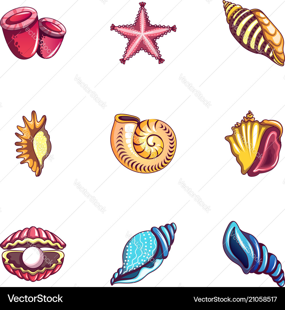 Seashell icons set cartoon style Royalty Free Vector Image