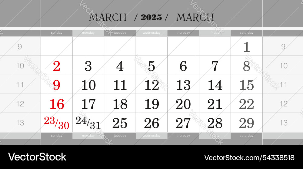 March 2025 quarterly calendar block wall Vector Image