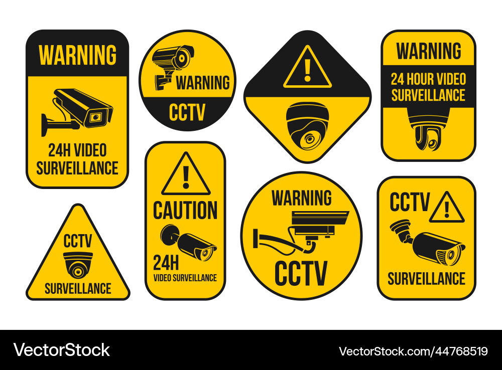 Cctv warning yellow black minimal line emblem set Vector Image