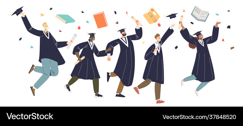 Graduating students group graduates jumping Vector Image