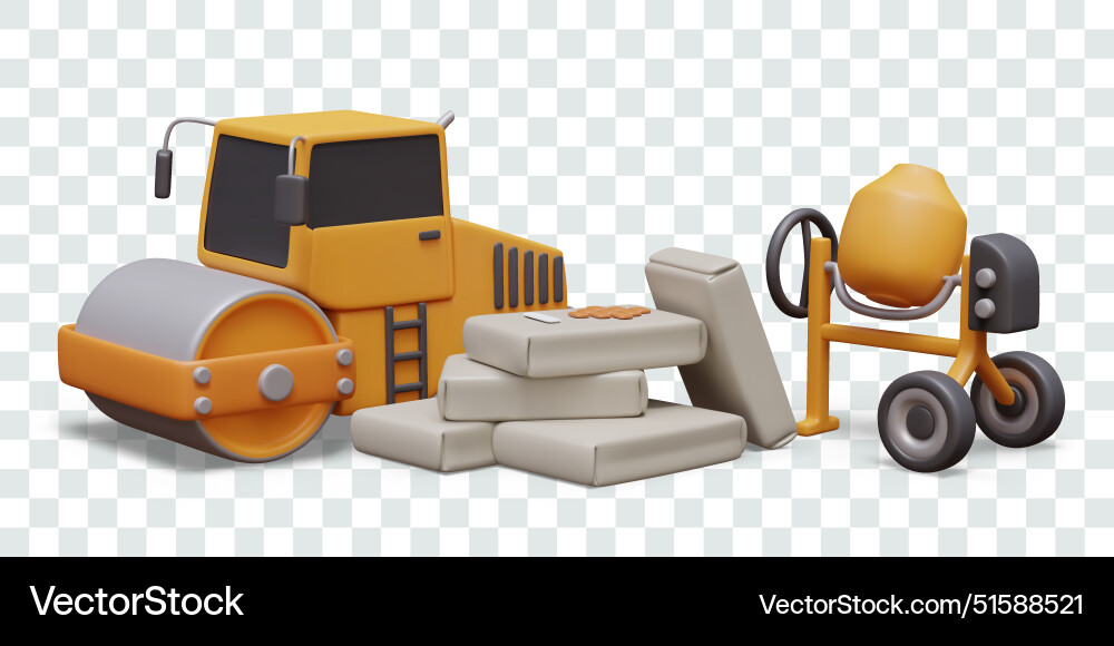 Road roller concrete mixer bags with cement Vector Image