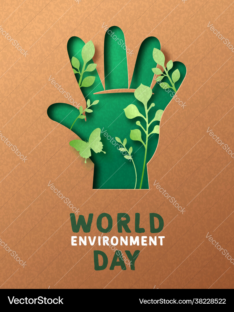 Environment day green hand leaf paper cut card Vector Image