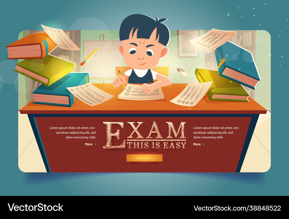 Schoolboy pass exam cartoon banner boy solve test Vector Image