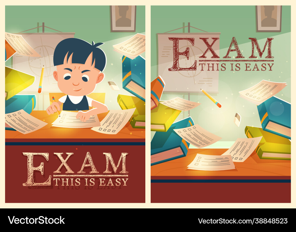 Boy solve test pass exam in school cartoon posters