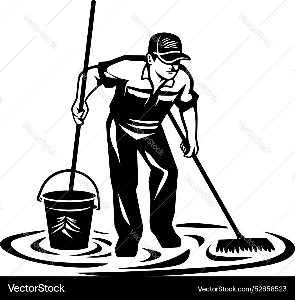 Gleam team man with mop emblem pristine Royalty Free Vector
