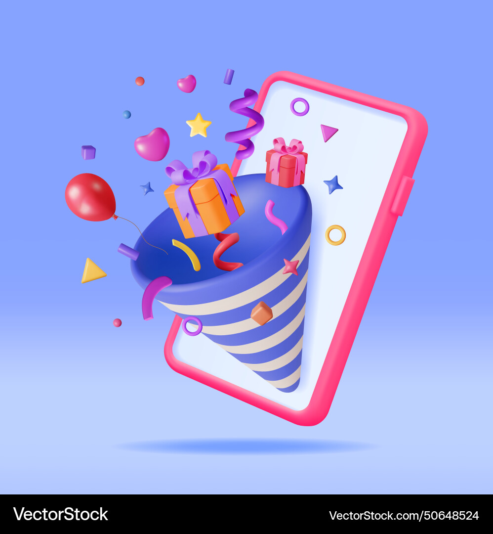 3d party popper with confetti on mobile phone Vector Image