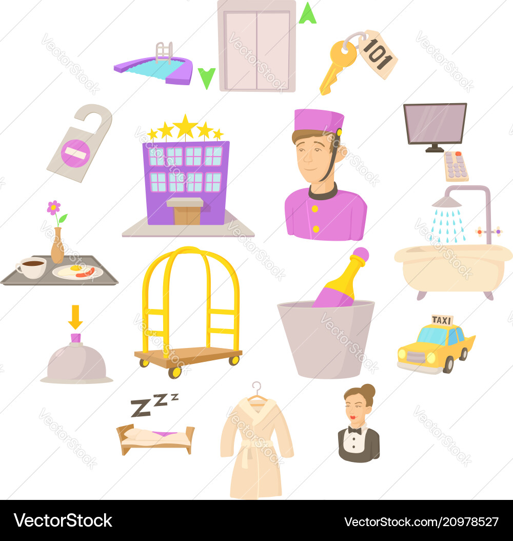 Hotel items set cartoon style Royalty Free Vector Image