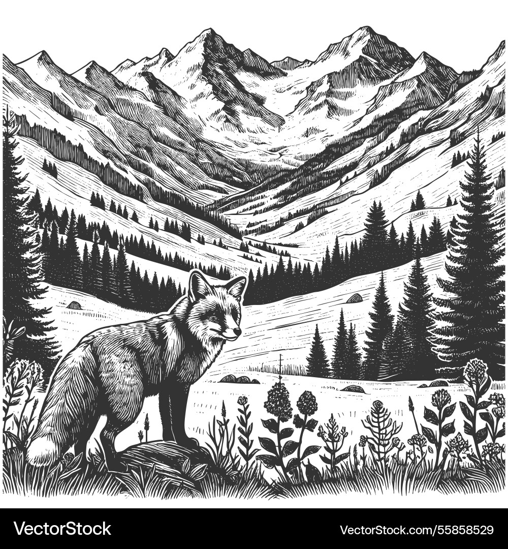 Fox in alpine mountain landscape engraving Vector Image