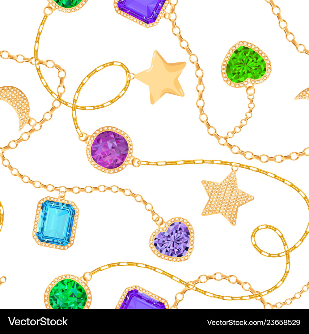 Golden chains and gemstones seamless pattern Vector Image