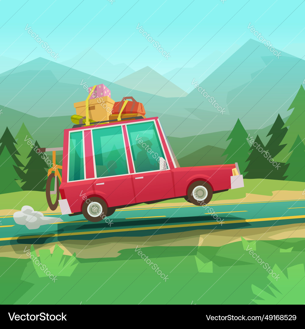 Red cartoon car side view vacation trip Royalty Free Vector