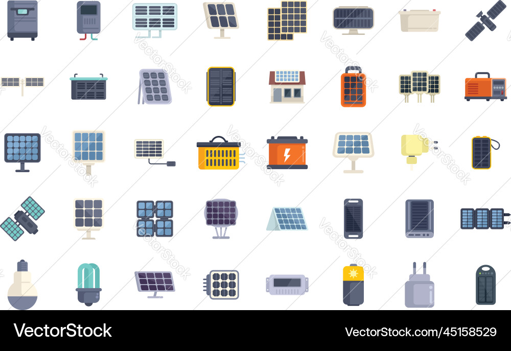 Solar panels icons set flat inverter Royalty Free Vector