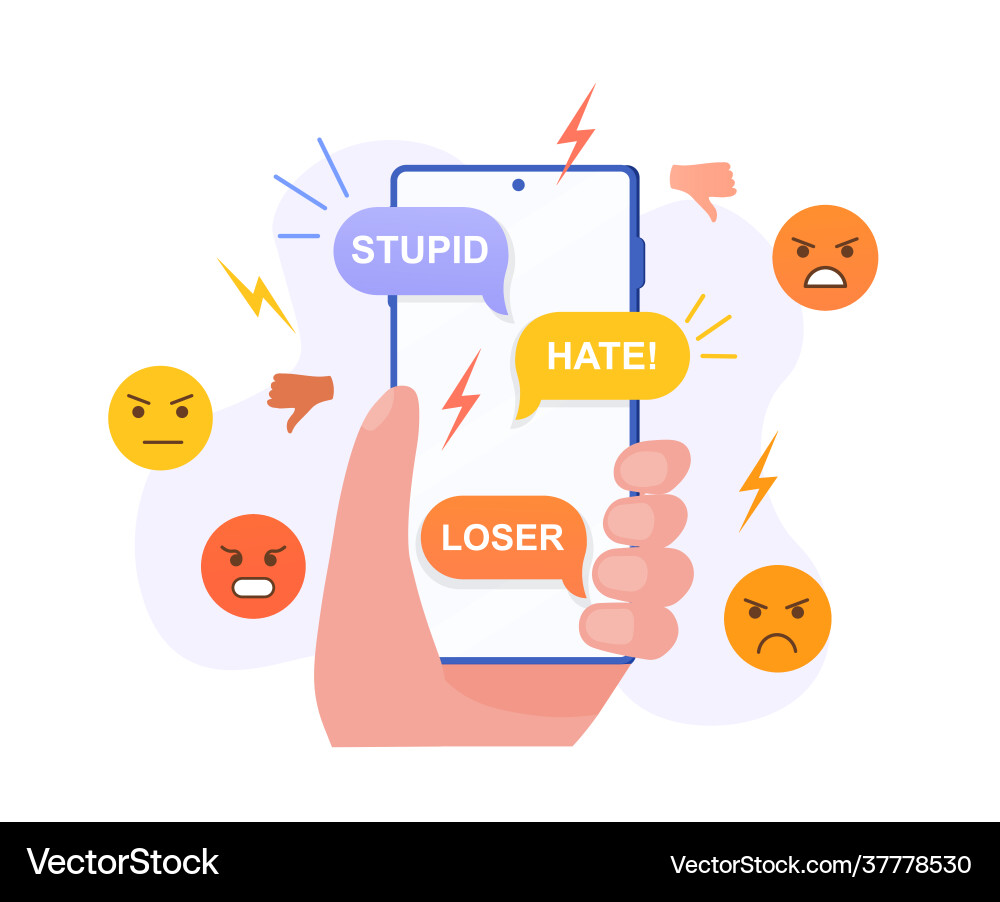 Hand holding phone with incoming bullying message Vector Image
