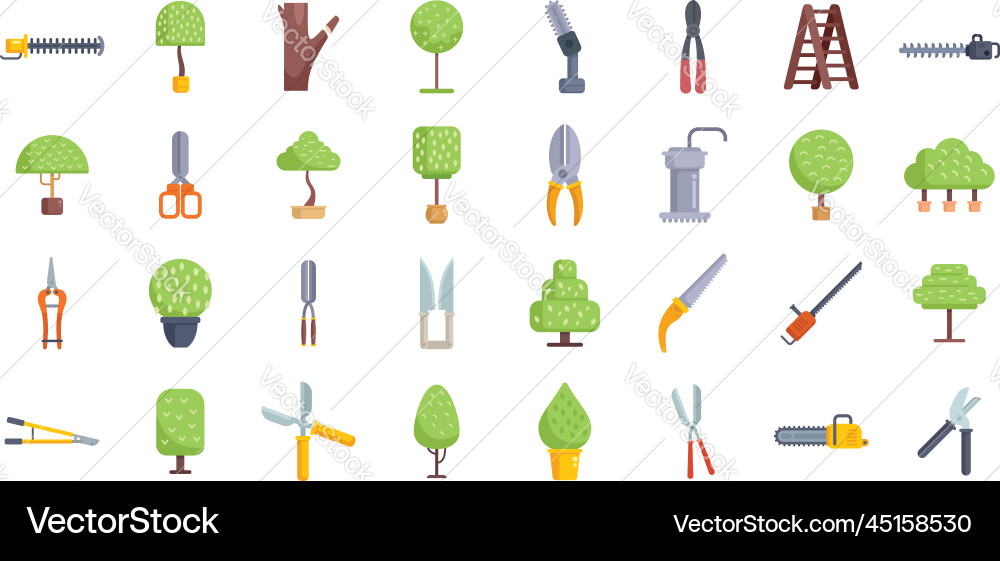 Tree trimming icons set flat chainsaw Royalty Free Vector