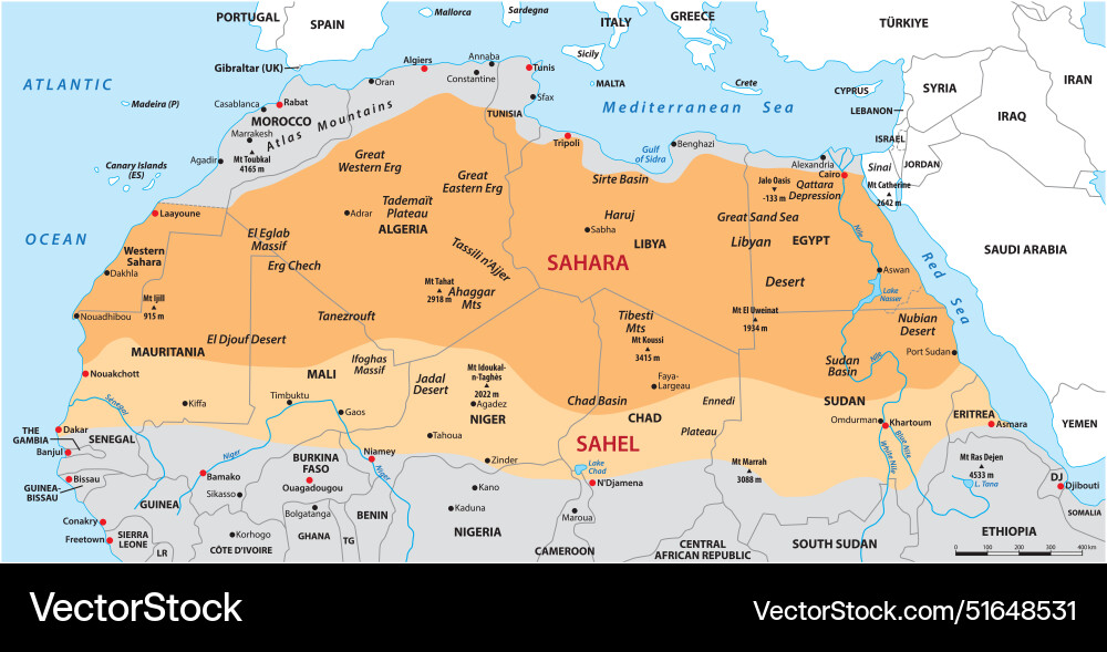 Map of the african sahara desert and the sahel Vector Image