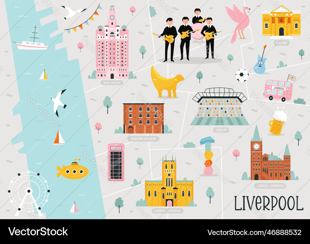 Of liverpool map with famous Royalty Free Vector Image