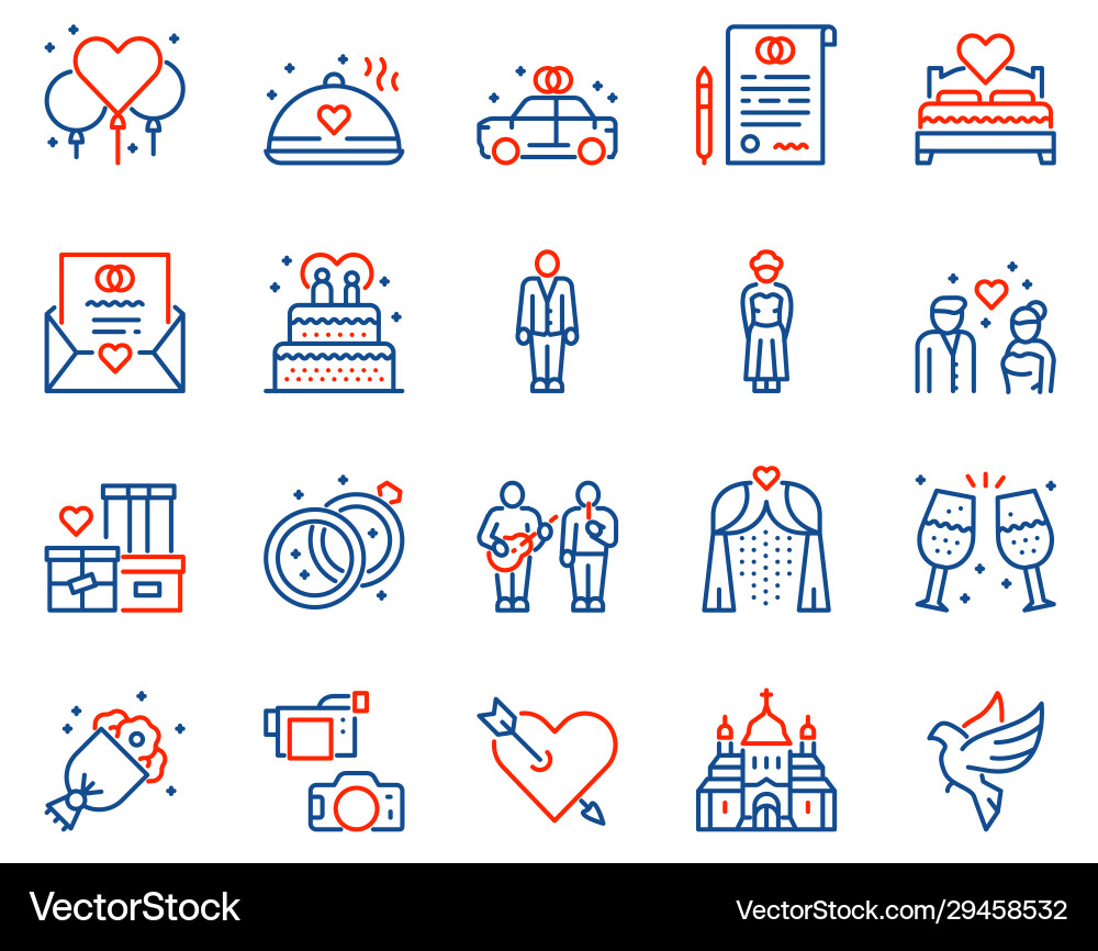 Wedding color linear icons set love Royalty Free Vector