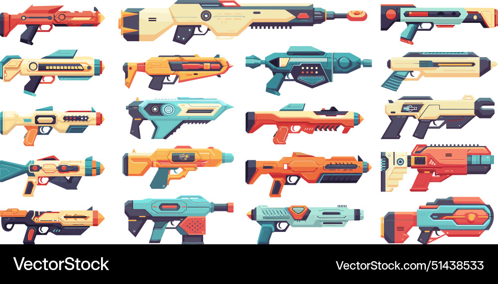 Flat set of laser blasters in different colors Vector Image
