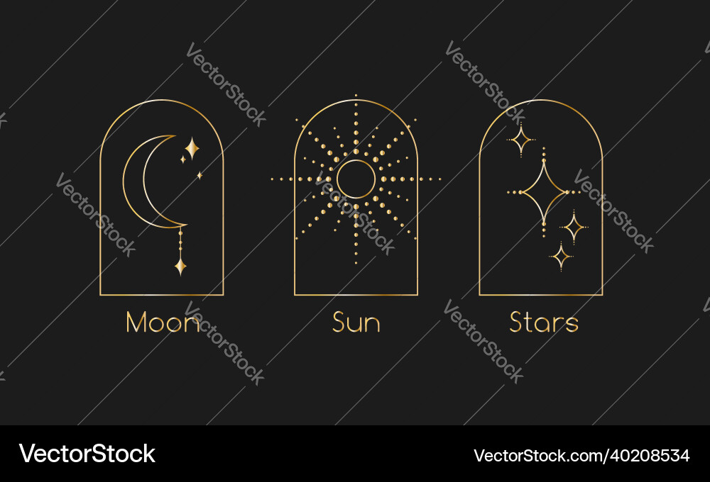 Celestial Line Art: Moon, Sun & Stars Vector Image