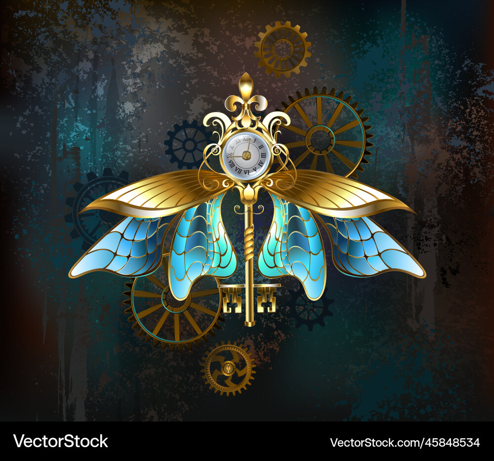 Steampunk key with blue wings Royalty Free Vector Image