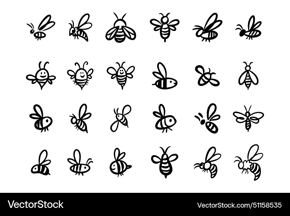 Doodle hand drawn bee set cartoon outline line Vector Image