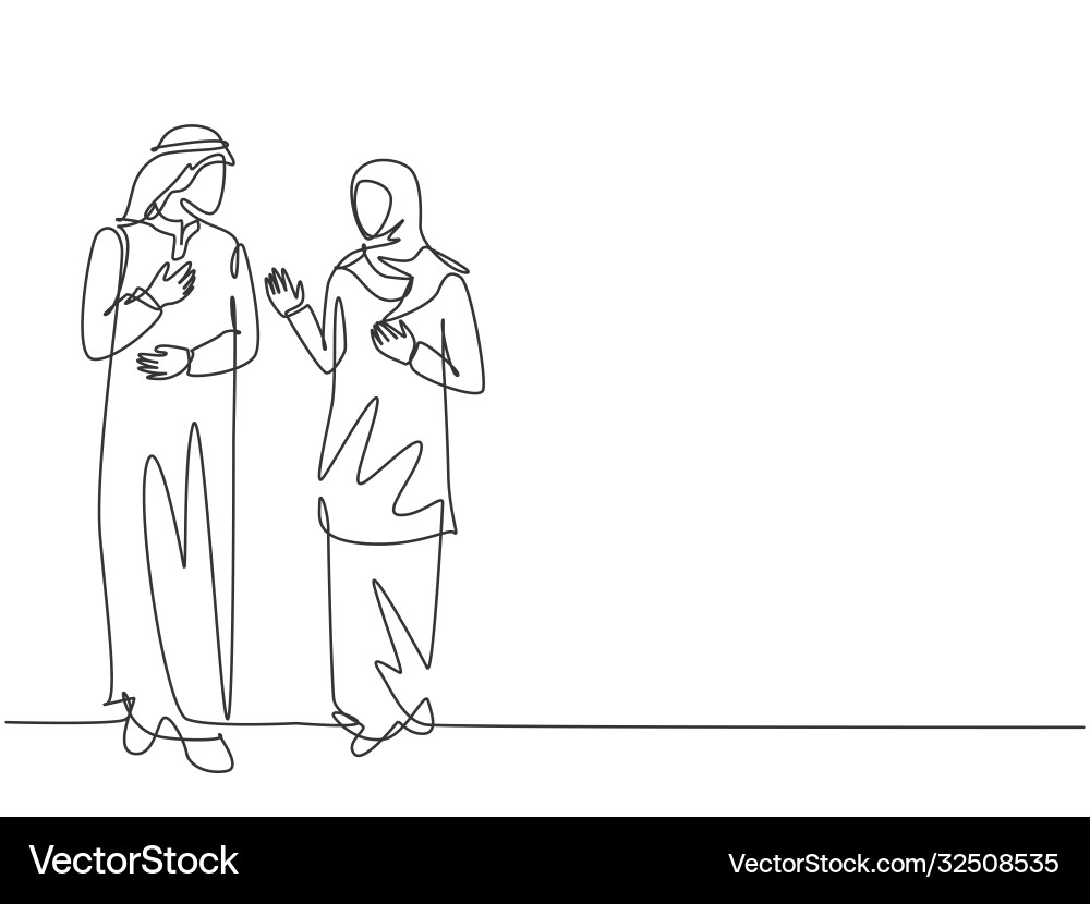 Single continuous line drawing young muslim Vector Image
