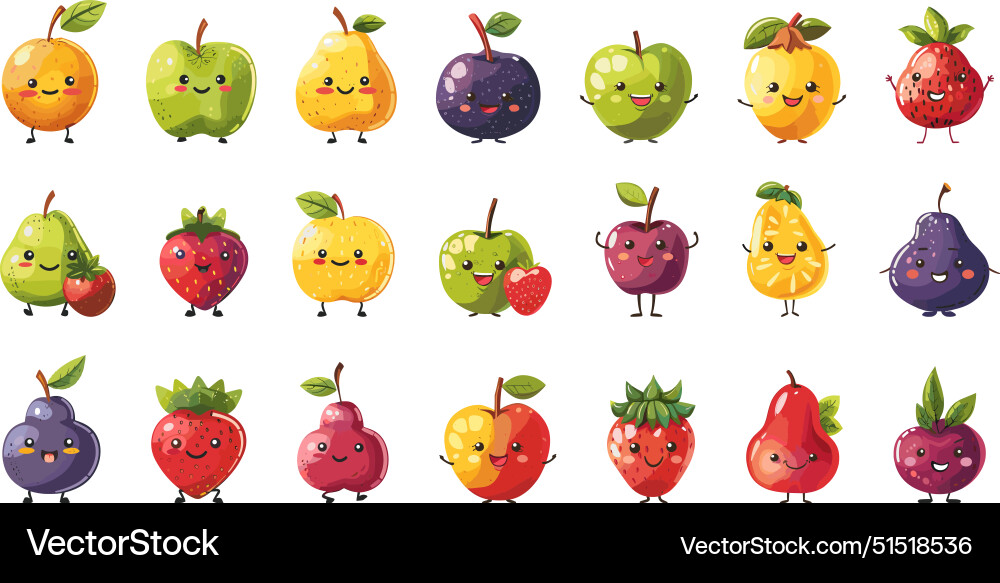 Cartoon different fruits characters icons set Vector Image