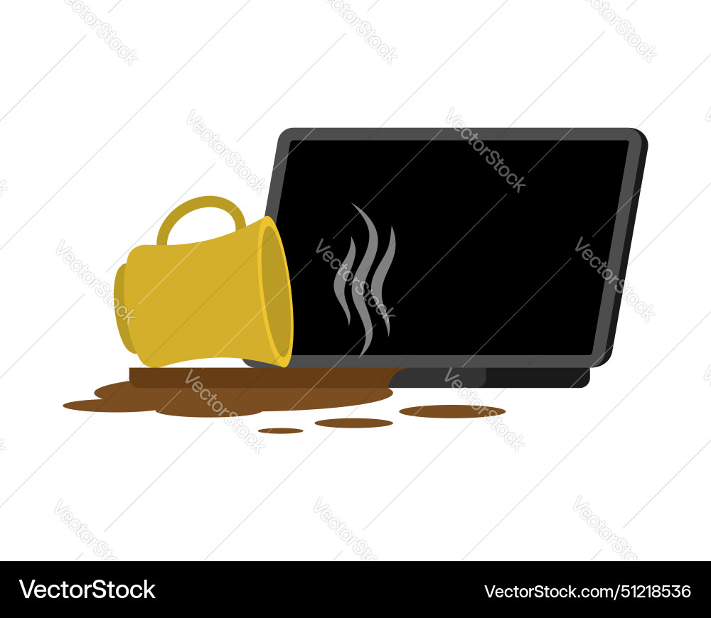 Cup of coffee spilled laptop tea Royalty Free Vector Image