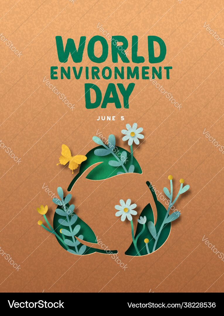 World environment day green paper cut leaf card Vector Image