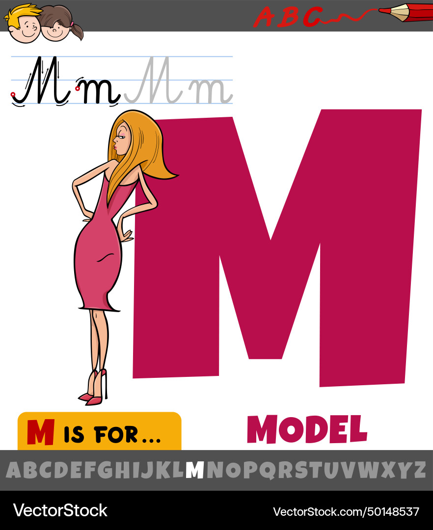 Letter m from alphabet with cartoon model Vector Image