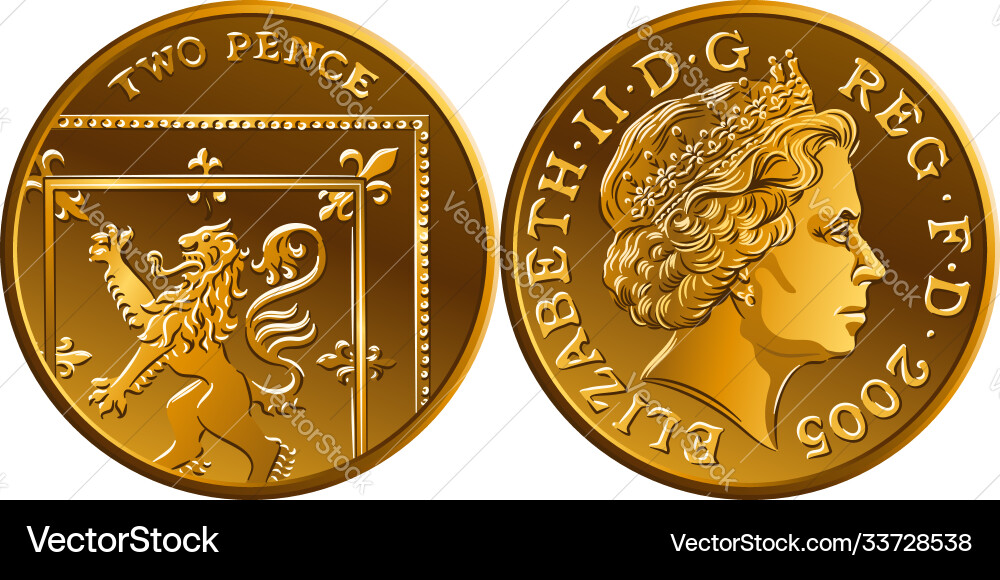 British money gold coin 2 pence Royalty Free Vector Image