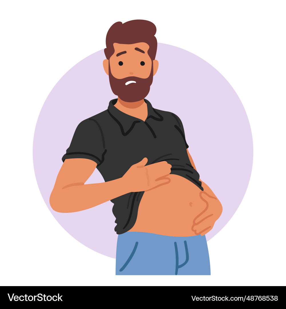 Unhappy male character experiencing bloating due Vector Image