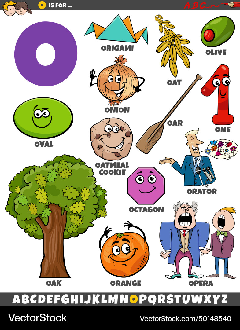 Letter o set with cartoon objects and characters Vector Image