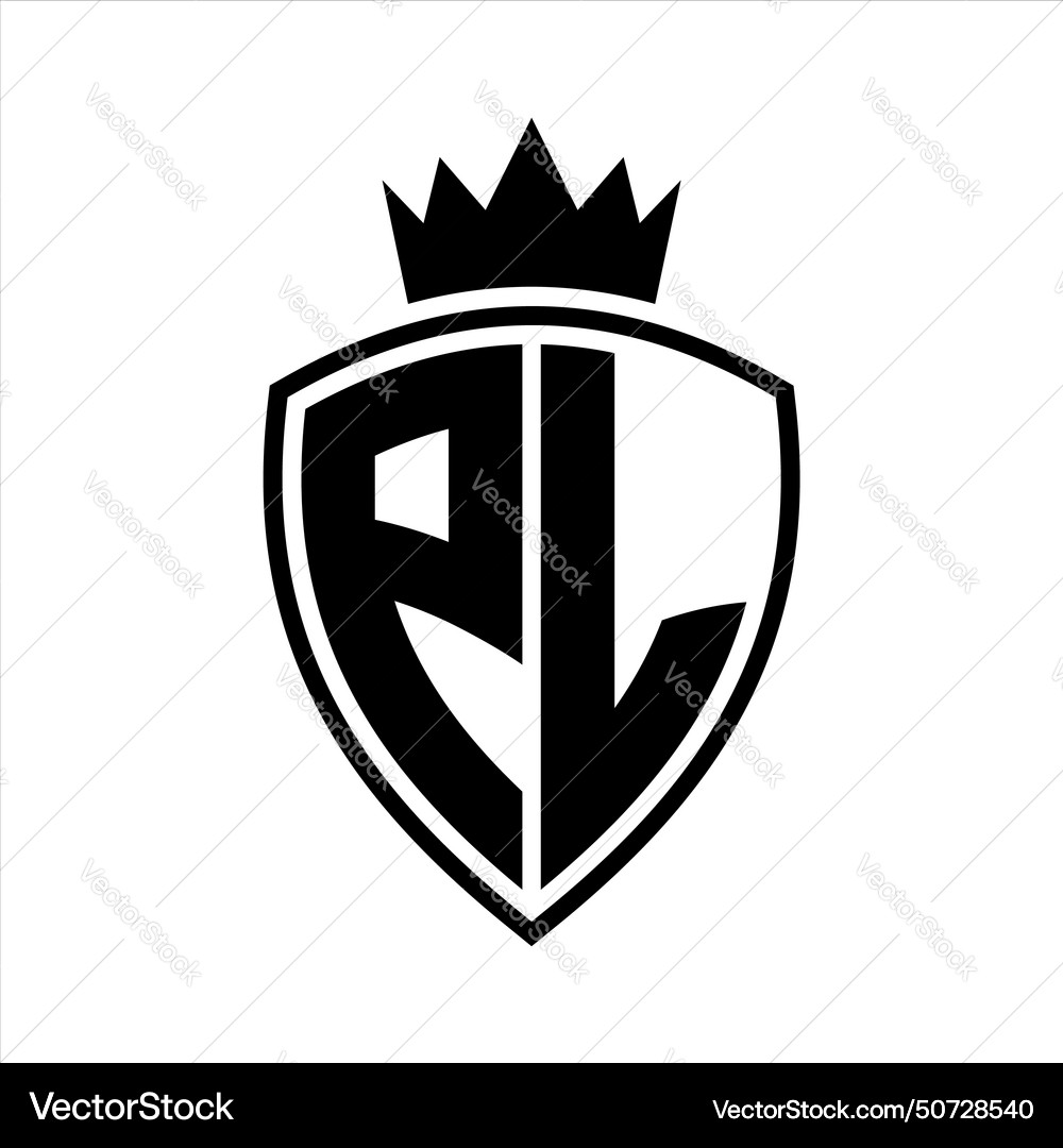 Pl letter monogram shield and crown outline shape Vector Image